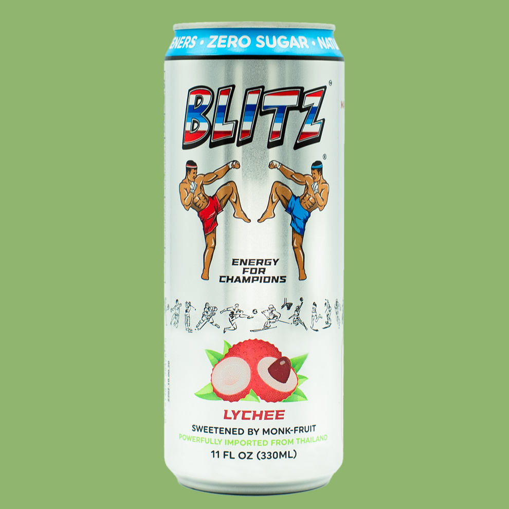 Monk-fruit sweetened. Lychee flavored Blitz Energy Drink - Zero Sugar